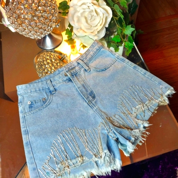 Shorts | High Waist Ripped Rhinestone Tassel Denim Jean Fringe Shorts ...